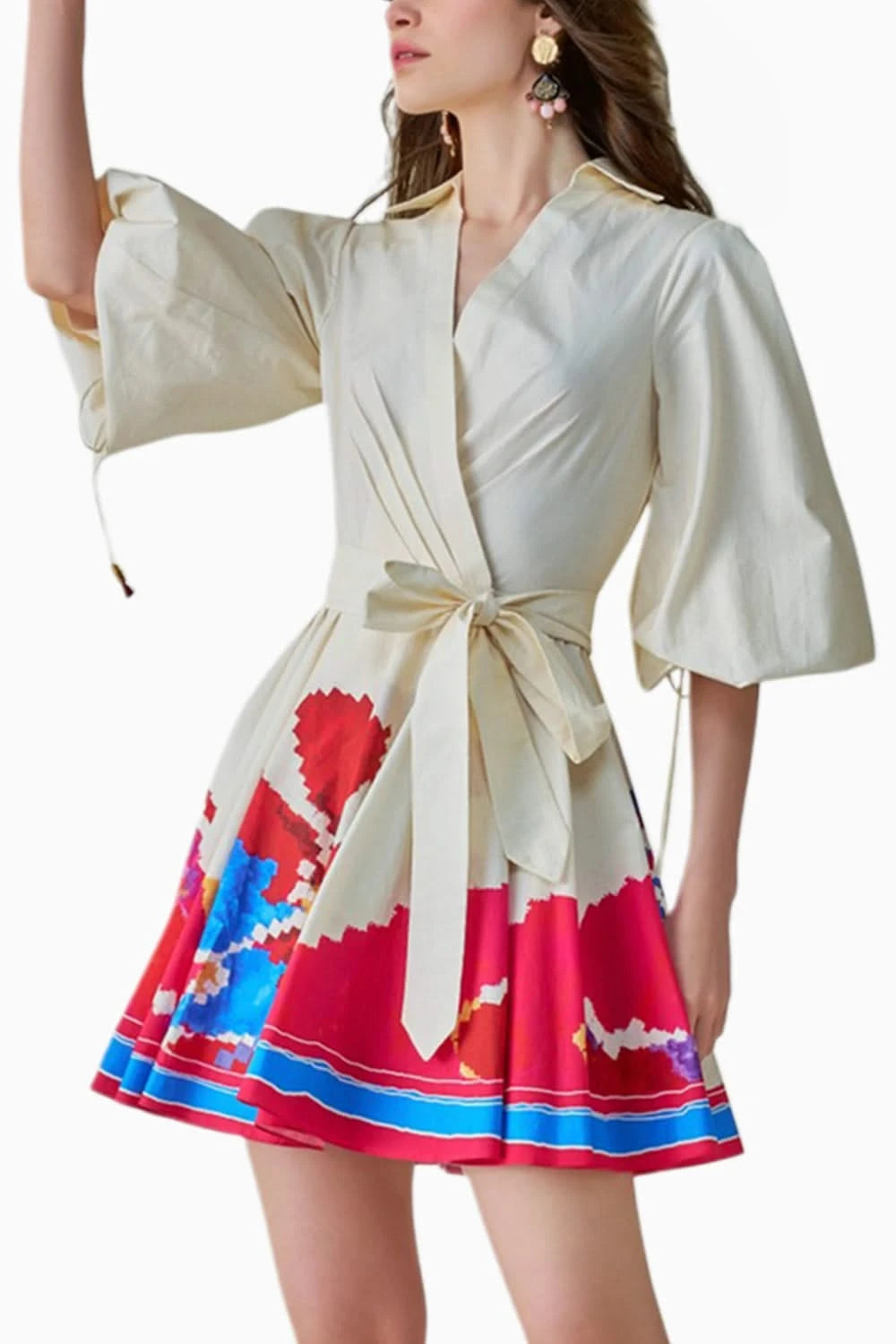 Faye Ikat Wrap Mini Dress with Balloon Sleeves