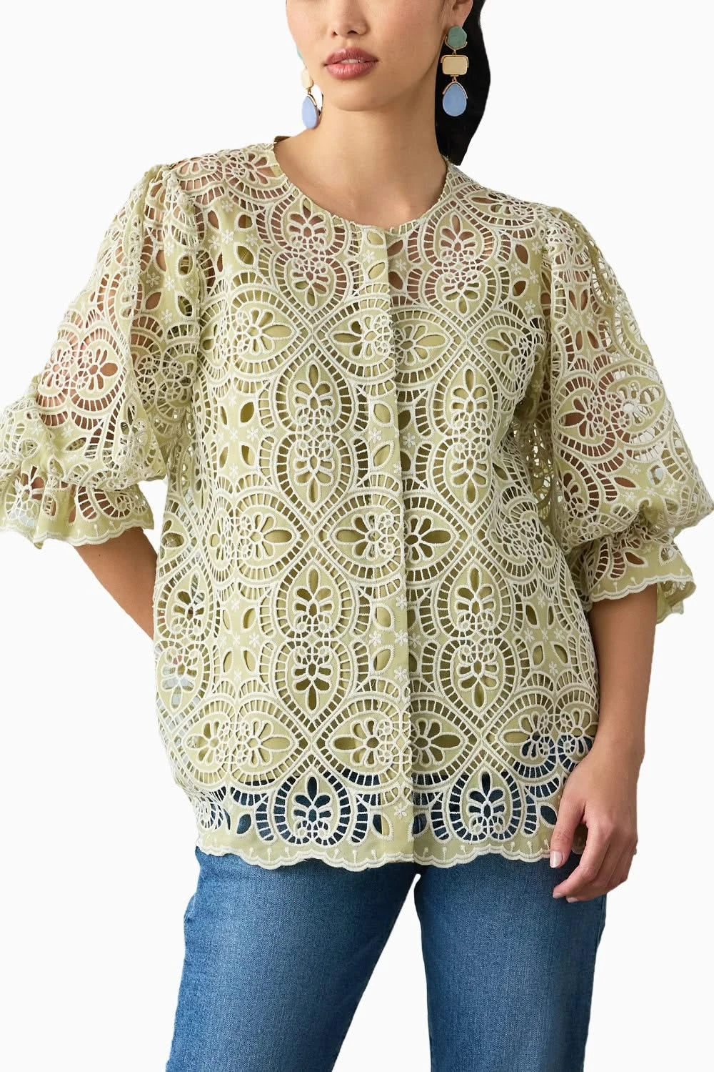 Pistachio Lace Button Down Blouse
