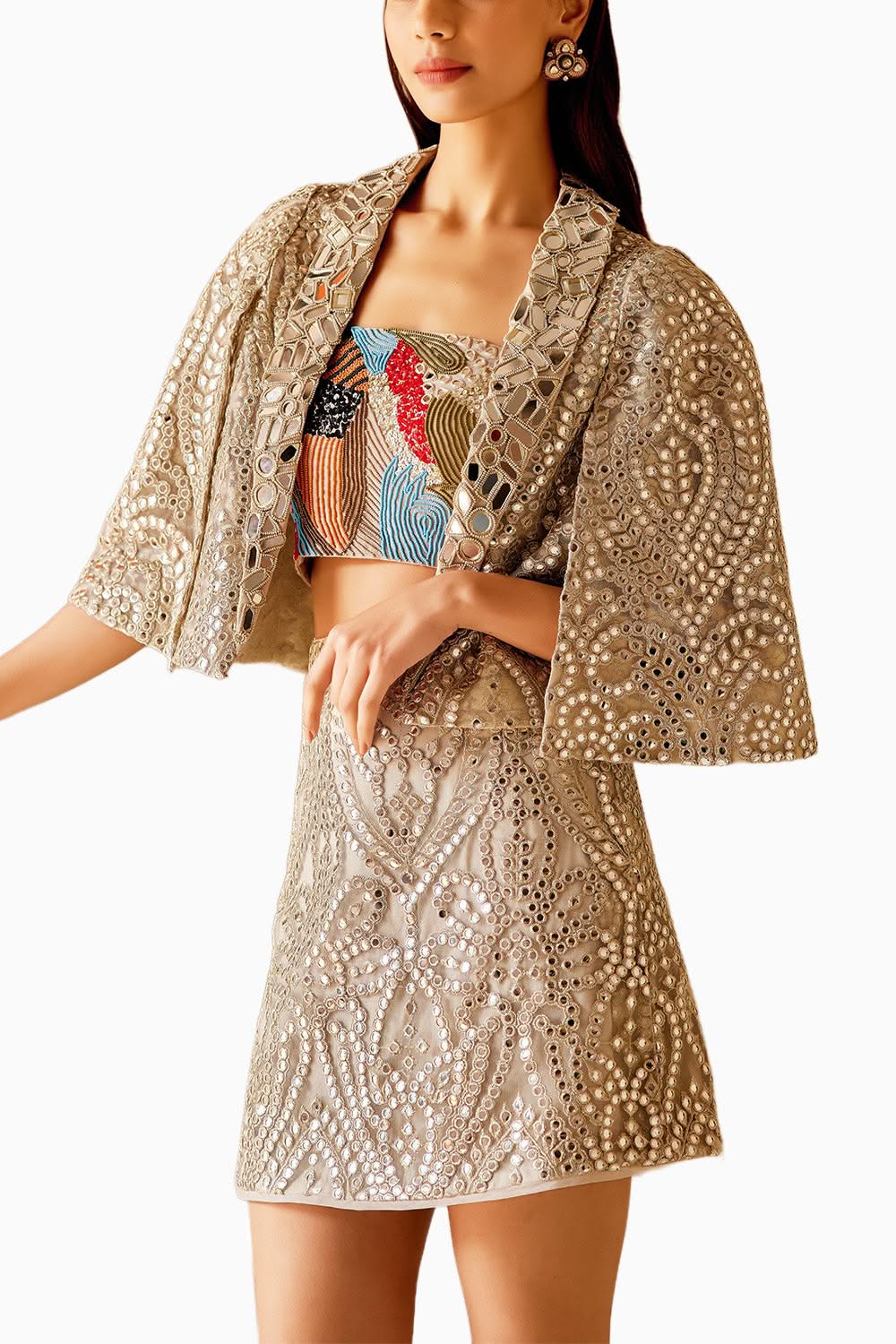 Buy Ivory Mirrorwork Crop Jacket by Twenty Nine Online | The Sverve