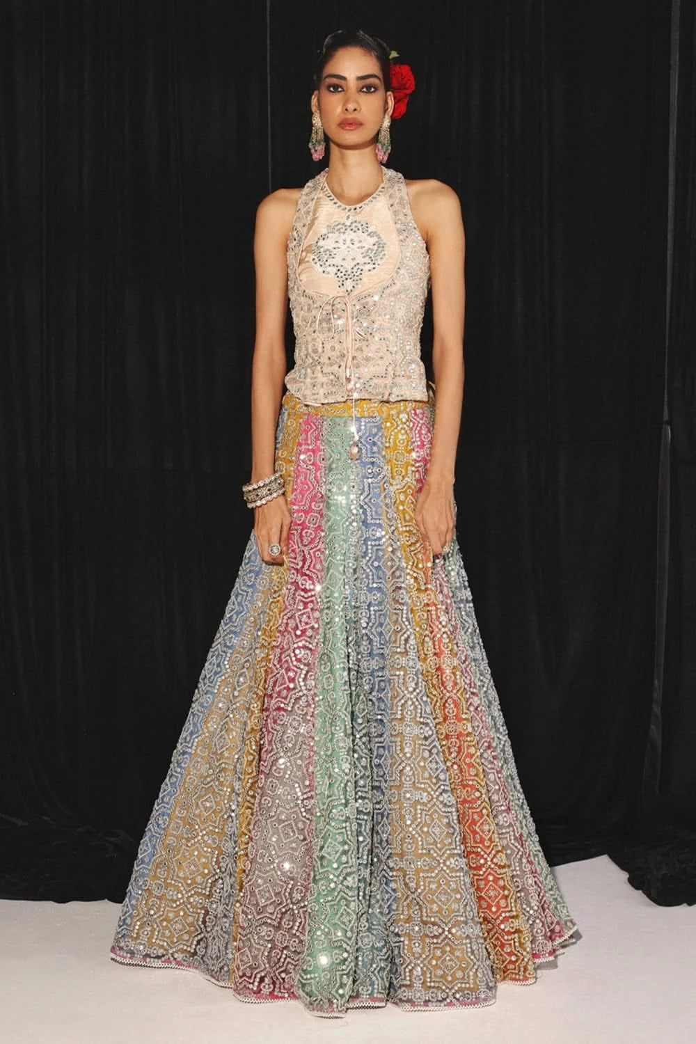Multi Mirrorwork Color Panel Lehenga Set