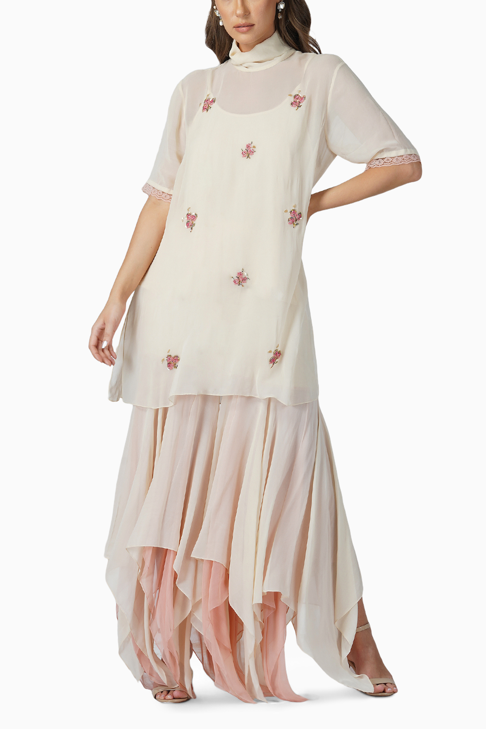 Beaded Flower High Neck Tunic Set