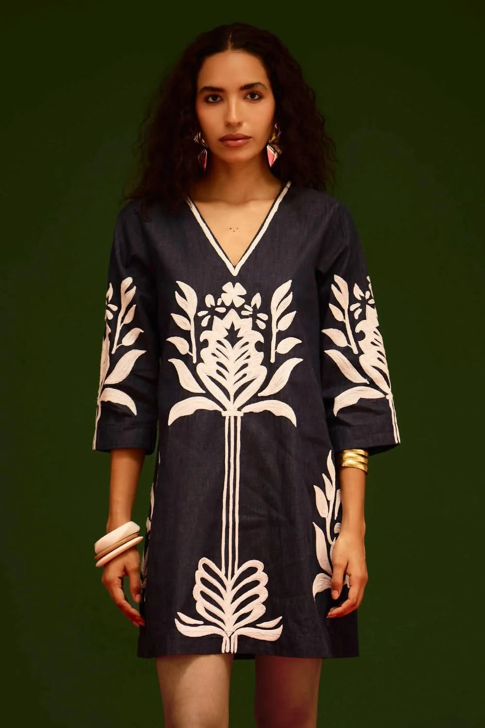 Blue Denim Shift Dress with Ivory Tulip Thread Embroidery