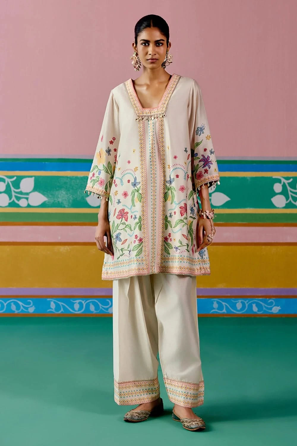 Ecru Floral Square Neck Kurta Set