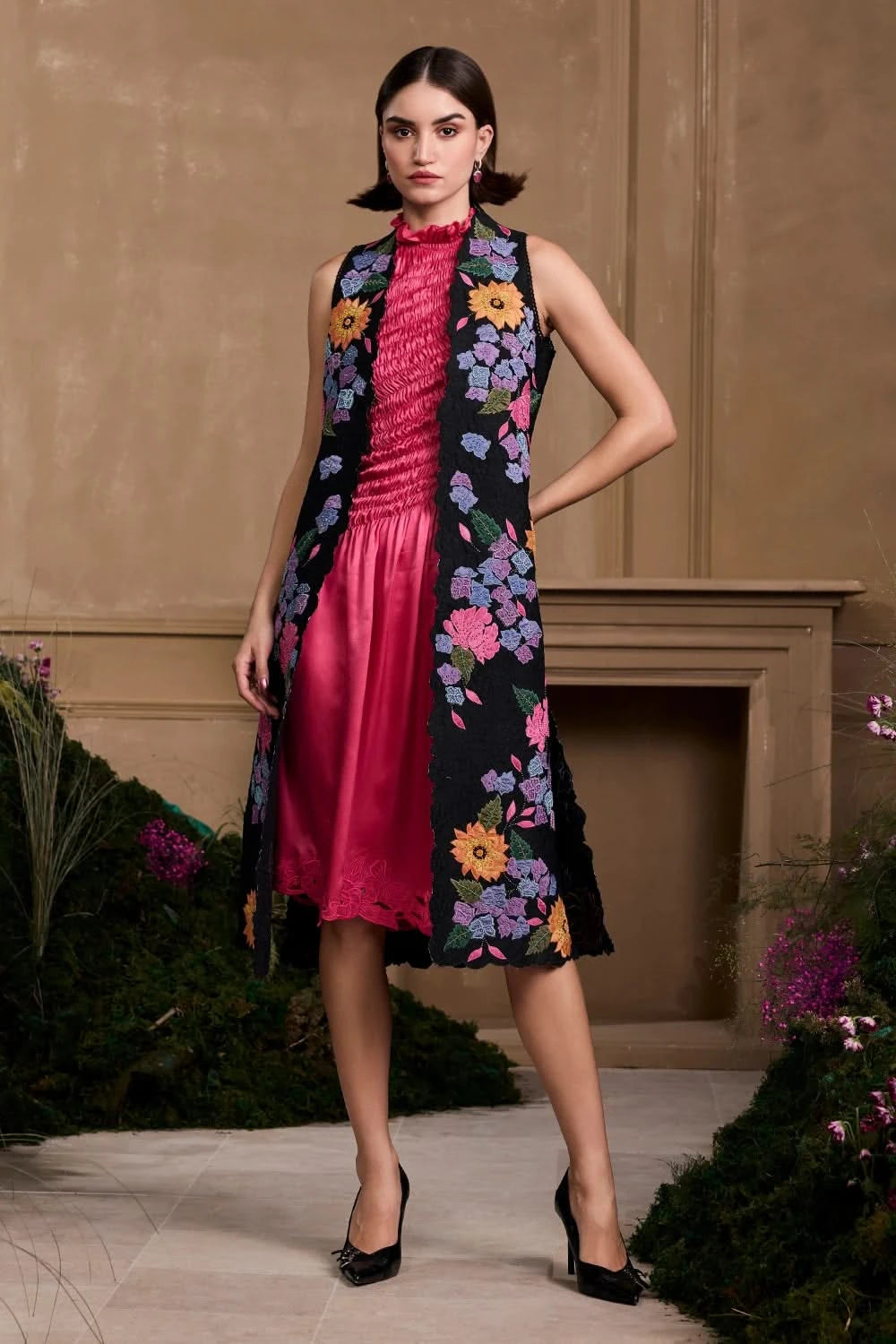 Black Hydrangea Applique And Quilted Long Jacket