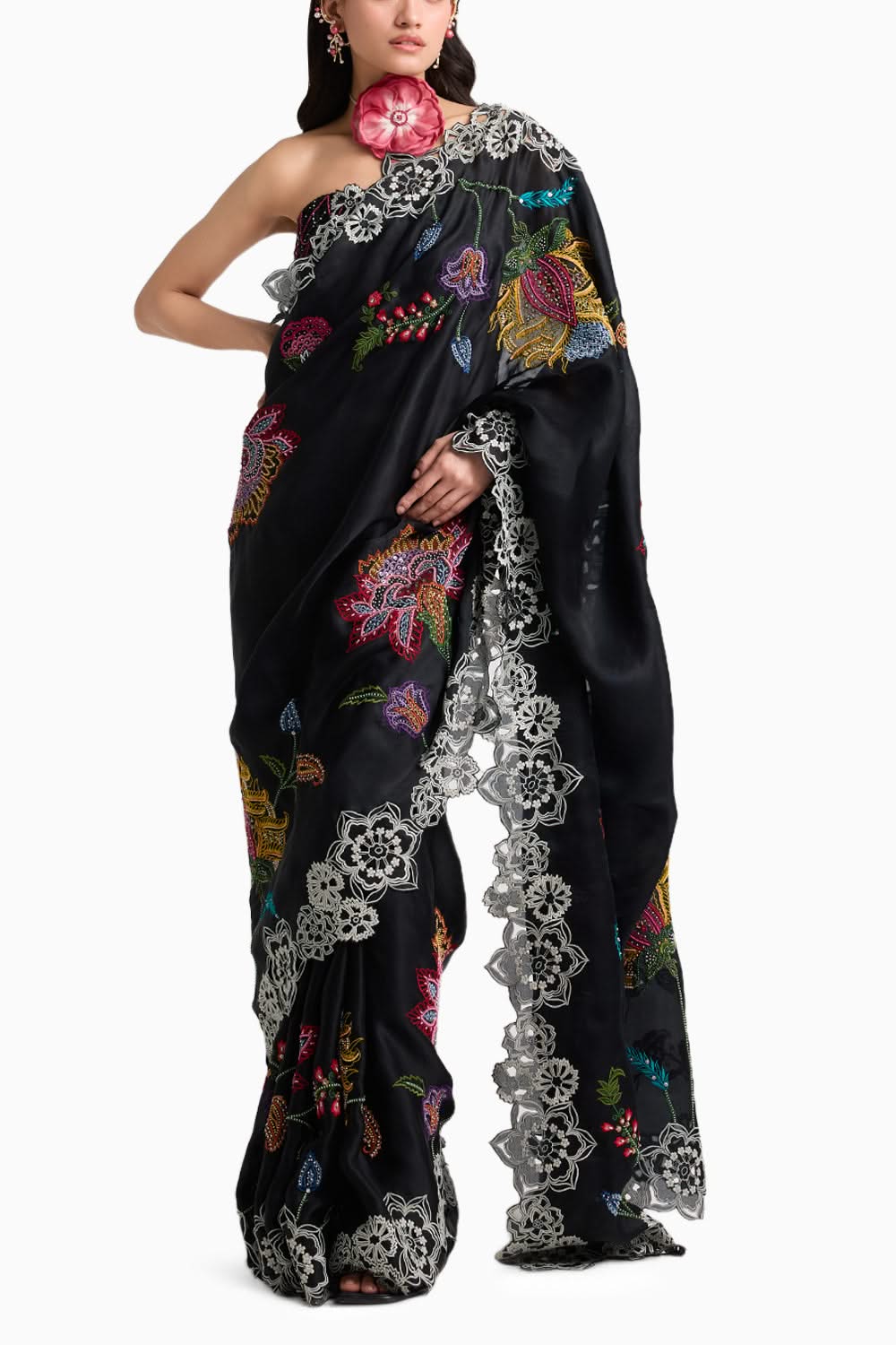 Black Embroidered Cutwork Sari with Corset