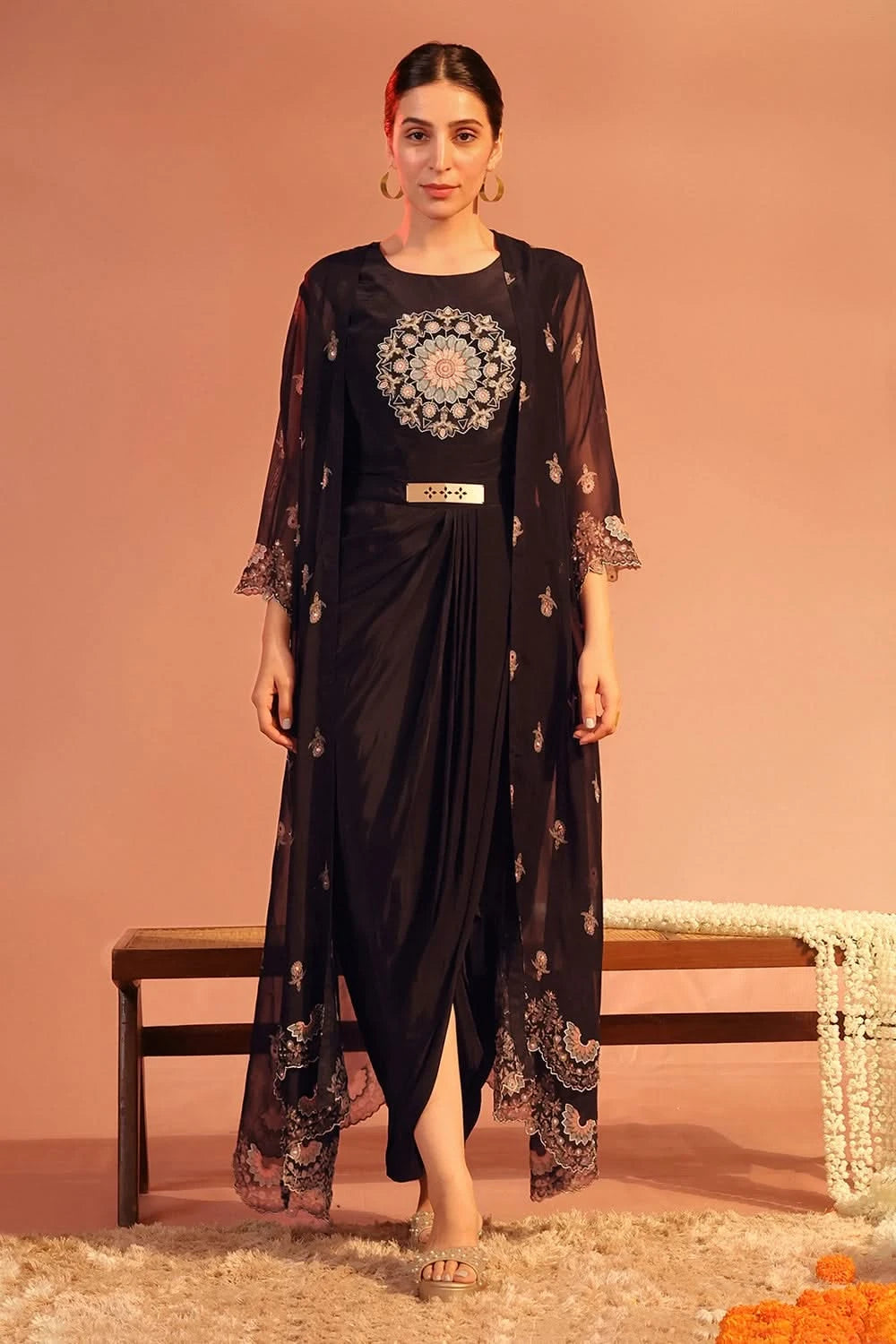 Eraya Embellished Black Drape Dress Set