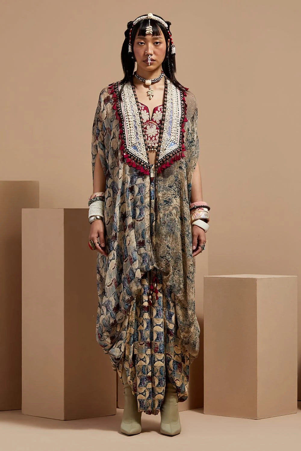 Multi Basque Corset Blouse With Pants & Ritu Kaftan Dupatta Jacket