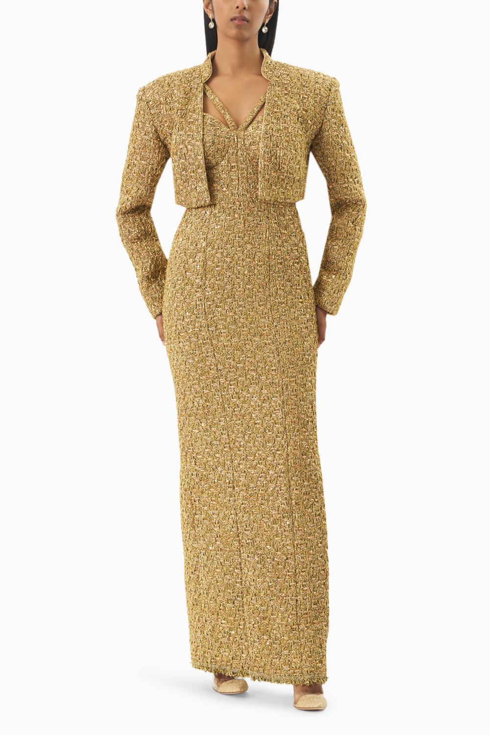 Buy Shimmering Gold Glam Dress with Crop Jacket Set by The House Of ...
